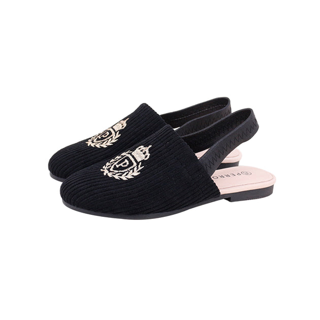 Perroquet Girls Ribbed Velvet Sling Backs with Gold Crest - Black ...