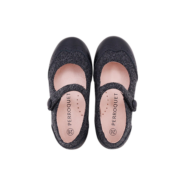 Perroquet Girls Gray Tweed Wingtip Mary Jane with Black Leather - Gray ...